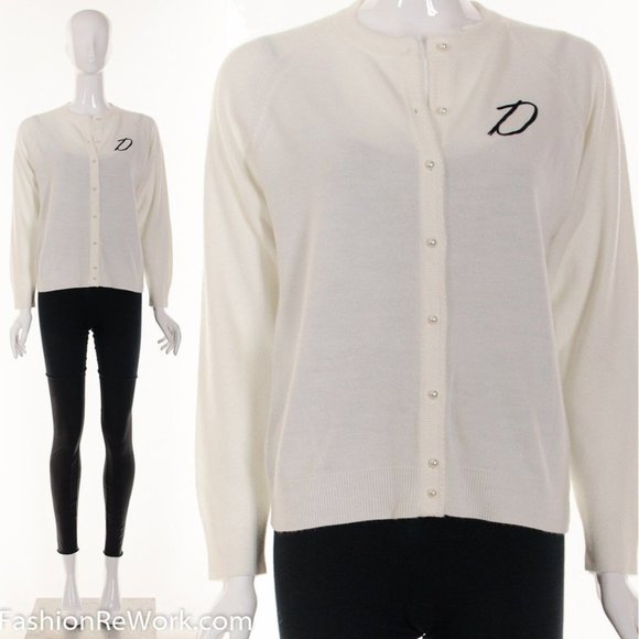 Sweaters | Vintage Retro White Cashmere Cardigan Initial D Monogrammed ...